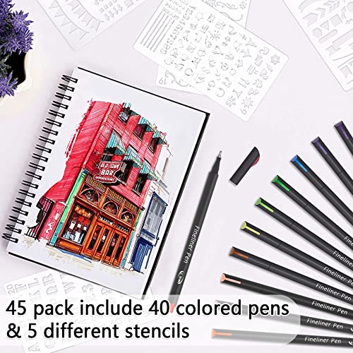 Tebik 45 Pack Planner Pens Colored Pens, 40 Colors Drawing Pens with 5 Stencils, Fineliners for Journal Planner Note Calendar Writing Coloring, Drawing & Detailing School Office Art Supplies