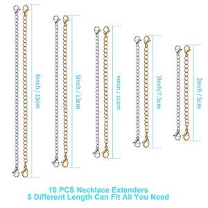 Necklace Extender, 10 PCS Chain Extenders for Necklaces, Premium Stainless Steel Jewelry Bracelet Anklet Necklace Extenders (5 Gold, 5 Silver), Length: 2" 3" 4" 5" 6", by UUBAAR