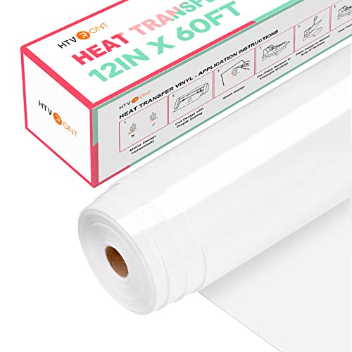 HTVRONT Heat Transfer Vinyl White Iron on Vinyl-12"x 60FT White HTV Vinyl Roll Easy to Cut & Weed for Heat Vinyl Design (White)