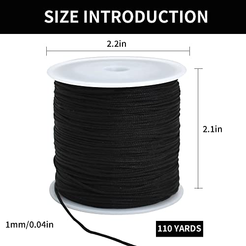 TONIFUL 1mm x 100 Yards Black Nylon Cord Satin String for Bracelet Jewelry Making Rattail Macrame Waxed Trim Cord Necklace Bulk Beading Thread Kumihimo Chinese Knot Craft