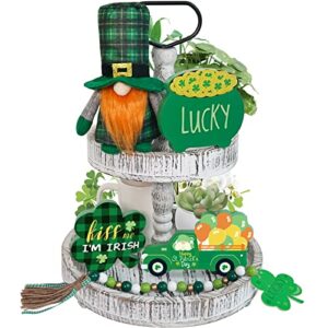 st patricks day decor, 5pcs st patrick’s day gnome tiered tray decor, shamrock wood signs, buffalo plaid gnomes plush,saint patrick bead garland, home kitchen table decor, st patricks day decoration