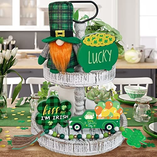 St Patricks Day Decor, 5pcs St Patrick's Day Gnome Tiered Tray Decor, Shamrock Wood Signs, Buffalo Plaid Gnomes Plush,Saint Patrick Bead Garland, Home Kitchen Table Decor, St Patricks Day Decoration