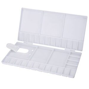 watercolor palette folding paint tray plastic painting pallet with 33 compartments, thumbhole and brush holders, white