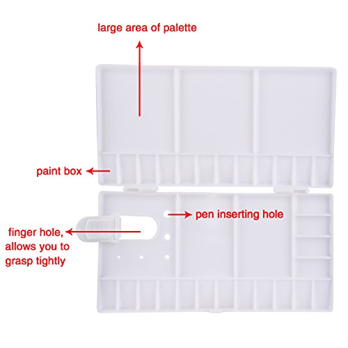 Watercolor Palette Folding Paint Tray Plastic Painting Pallet with 33 Compartments, Thumbhole and Brush Holders, White