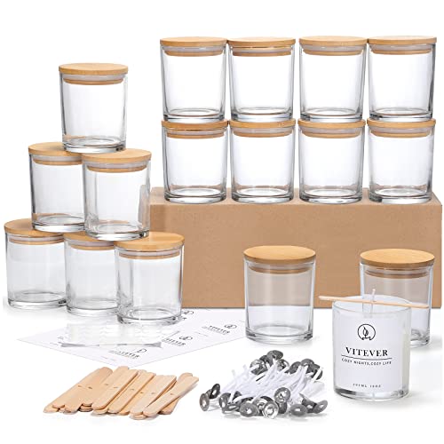 16 Pack, 10 OZ Thick Glass Candle Jars with Bamboo Lids and Candle Wick Kit - Bulk Clear Empty Glass Candle Jars for Making Candles - Spice, Powder Containers