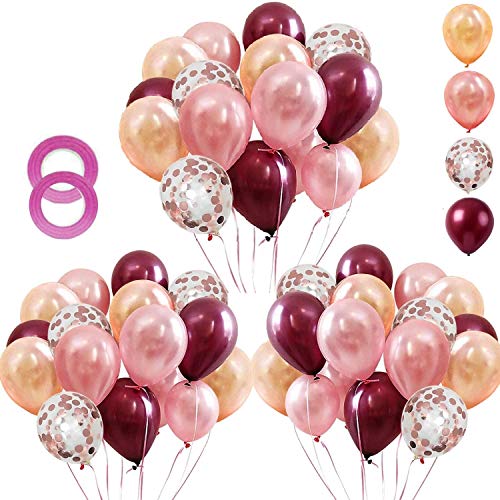 62 Pieces Rose Gold Burgundy Confetti Balloons Kit, 12 Inch Rose Gold Confetti Burgundy Rose Gold Latex Balloons with Balloon Ribbon for Wedding Birthday Girl Party Background Decorations