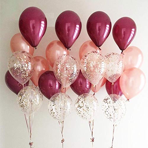 62 Pieces Rose Gold Burgundy Confetti Balloons Kit, 12 Inch Rose Gold Confetti Burgundy Rose Gold Latex Balloons with Balloon Ribbon for Wedding Birthday Girl Party Background Decorations