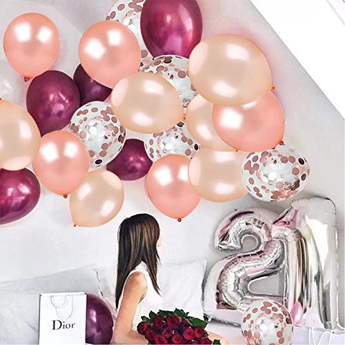 62 Pieces Rose Gold Burgundy Confetti Balloons Kit, 12 Inch Rose Gold Confetti Burgundy Rose Gold Latex Balloons with Balloon Ribbon for Wedding Birthday Girl Party Background Decorations