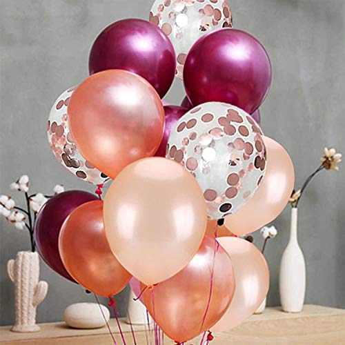 62 Pieces Rose Gold Burgundy Confetti Balloons Kit, 12 Inch Rose Gold Confetti Burgundy Rose Gold Latex Balloons with Balloon Ribbon for Wedding Birthday Girl Party Background Decorations