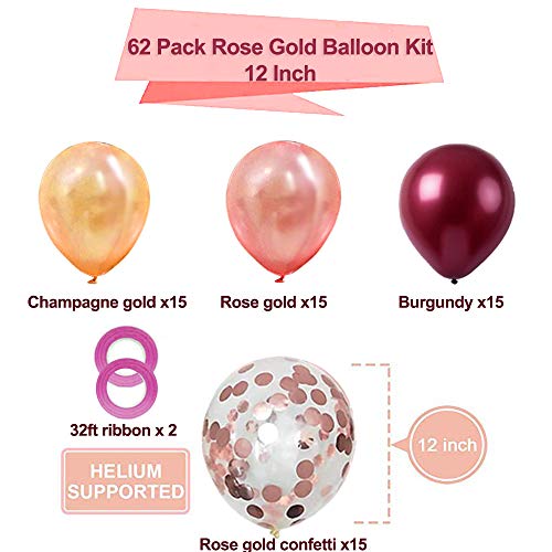 62 Pieces Rose Gold Burgundy Confetti Balloons Kit, 12 Inch Rose Gold Confetti Burgundy Rose Gold Latex Balloons with Balloon Ribbon for Wedding Birthday Girl Party Background Decorations