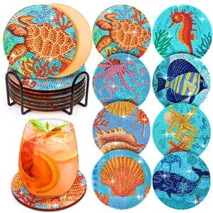 baborui diamond painting coasters, 8pcs 5d ocean diamond art kits for adults kids, sea diamond painting coasters with holder for beach house decor