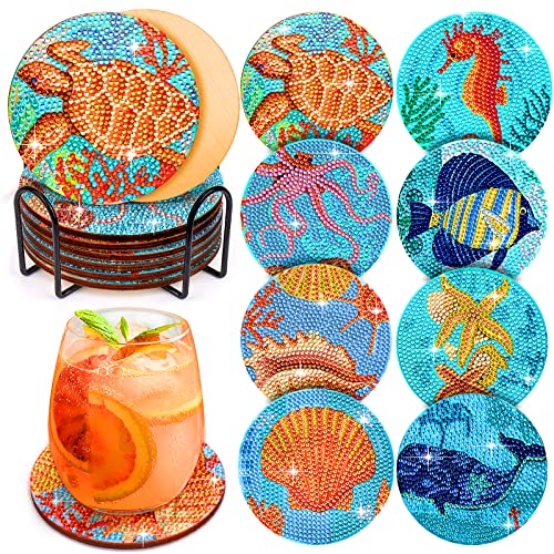 BABORUI Diamond Painting Coasters, 8Pcs 5D Ocean Diamond Art Kits for Adults Kids, Sea Diamond Painting Coasters with Holder for Beach House Decor