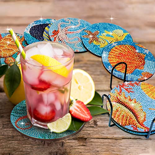 BABORUI Diamond Painting Coasters, 8Pcs 5D Ocean Diamond Art Kits for Adults Kids, Sea Diamond Painting Coasters with Holder for Beach House Decor