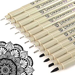 micro fineliner drawing art pens: 12 black fine line waterproof ink set artist supplies archival inking markers pigment liner point journaling sketch outline manga anime sketching watercolor technical