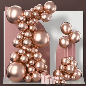 partywoo rose gold balloons, 100 pcs metallic rose gold balloon arch kit of 18 inch 12 inch 10 inch 5 inch latex balloon garland and 20m ribbons for rose gold birthday decorations, bachelorette party