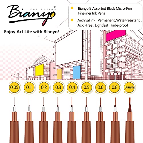 Bianyo Sepia Pigment Ink Micro-Pen Fineliners, 9 Assorted Sizes with a Zipper Pouch, Water-Resistant Archival Ink Pens for Drawing, Sketching, Bullet journaling, Note-taking, Accounting, Handwriting