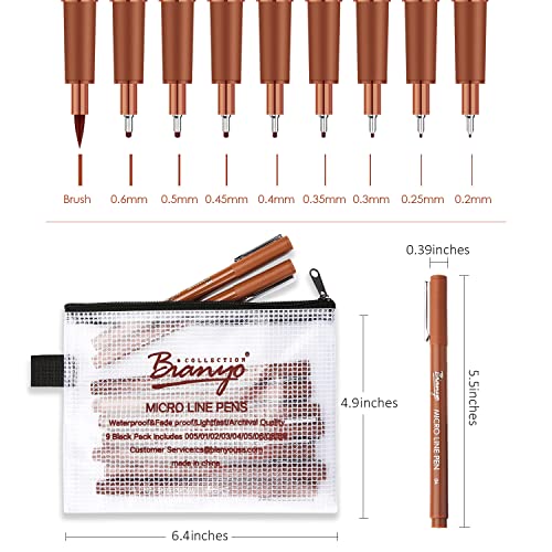 Bianyo Sepia Pigment Ink Micro-Pen Fineliners, 9 Assorted Sizes with a Zipper Pouch, Water-Resistant Archival Ink Pens for Drawing, Sketching, Bullet journaling, Note-taking, Accounting, Handwriting