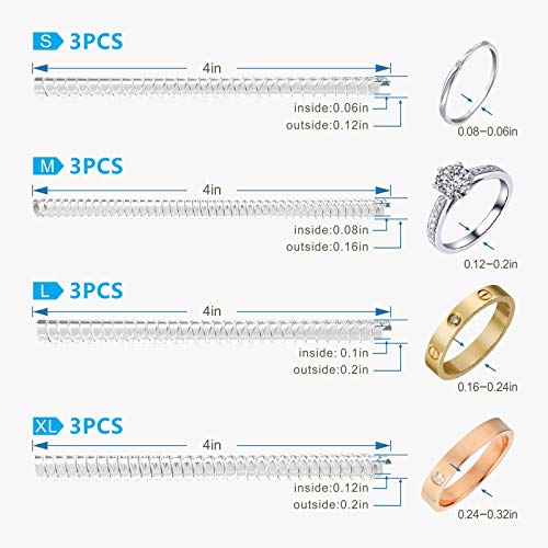 AdnesUSA Invisible Ring Size Adjuster - 12 Pack, 4 Sizes - for Loose Rings,Clear Invisible Ring Resizer Fit Any Ring Guard,Transparent Jewelry Sizer Spiral Silicone Tightener