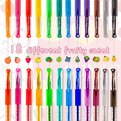 Fruity Scented Gel Pens, Sunacme Sweet Scented Glitter Gel Pens, Cute School Supplies for Coloring, Journaling, Drawing, Note Taking - 24 Pack Gift Idea