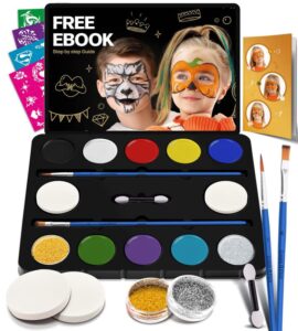 face painting kit for kids – 32 stencils, 8 water based face paint colors, 2 brushes, 2 glitter, 2 sponges & 2 applicators – facepainting video tutorials & ebook – 100% safe for toddler, teens & adult