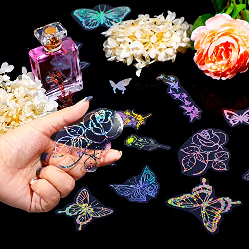 180 Pcs Holographic Glitter Butterfly Sticker Set Waterproof Plant Decorative Flower Decals Glitter Adhesive Sticker for Scrapbooking Journal Planner Water Bottle Laptop Phone (Flowers and Butterflies)