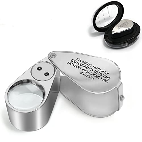 40X Full Metal Illuminated Jewelers Eye Loupe Magnifier, Small Pocket Folding Magnifying Glass Jewelry Loop with LED for Gems, Jewellery, Coins, Map, Stamps, Currency Detect, Elders Gift, 1'' Lens Dia