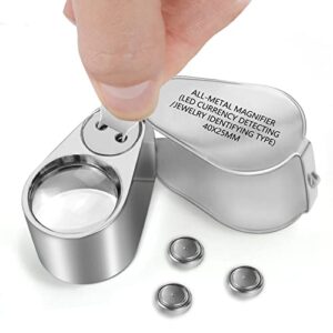 40X Full Metal Illuminated Jewelers Eye Loupe Magnifier, Small Pocket Folding Magnifying Glass Jewelry Loop with LED for Gems, Jewellery, Coins, Map, Stamps, Currency Detect, Elders Gift, 1'' Lens Dia