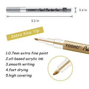 YOOHO Paint Pen Gold Silver Metallic Permanent Acrylic Markers Set for Fabric Glass Rock Wooden Ceramic Leather Tire Painting, 0.7mm Extra Fine Tip (3pcs Gold+3pcs Silver)