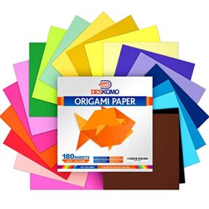 deskomo origami paper for kids double sided – pack of 180 sheets – 20 vibrant colored 6×6 inches oragami paper packs for arts and crafts