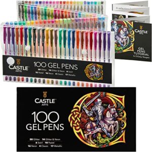 castle art supplies 100 gel pens for adult coloring set | drawing, scrapbooks, journals | amazing colors, effects – swirl, glitter, neon, pastel, metallic – with smooth, fine tips