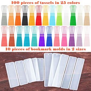 Bookmark Mold with Tassles, Caffox Bookmark Mold Kit with 100pcs Bookmark Tassels Bulk and 10pcs Rectangle Silicone Bookmark Mold for Epoxy Resin Casting