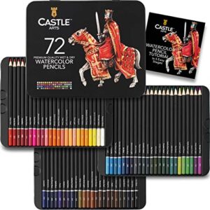 castle art supplies 72 watercolor pencils set | vibrant pigments for blending, drawing and painting | for adults, hobbyists and professionals i protected and organized in presentation tin box