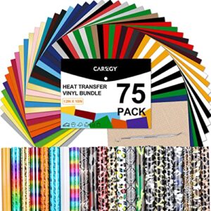 caregy htv heat transfer vinyl bundle: 75 pack 12″ x 10″ iron on vinyl for t-shirt, 57 assorted colors with htv accessories tweezers for all cutter machine or heat press machine