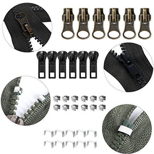 24 Pieces Black Bronze and Silver Zipper Sliders Zipper Pull Replacement with Zipper Slider Repair Kits for Metal Plastic Nylon Coil Jacket Zippers Supplies