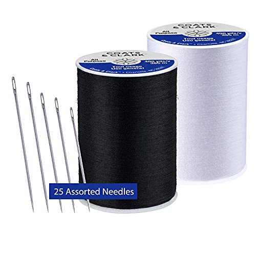 Coats & Clark 2 Pack - 1 Black and 1 White Dual Duty All Purpose Thread - 400 Yards Each Spool - Bundled with 25 Assorted Hand Needles