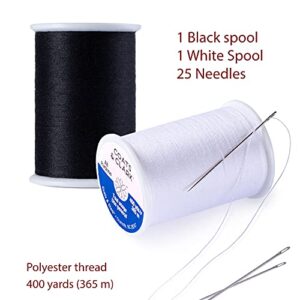 Coats & Clark 2 Pack - 1 Black and 1 White Dual Duty All Purpose Thread - 400 Yards Each Spool - Bundled with 25 Assorted Hand Needles