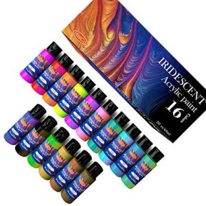 iridescent acrylic paint, set of 16 chameleon colors 60ml 2 oz bottles, high viscosity shimmer paint, non-toxic and fade-resistant for artists, beginners and kids on rocks, crafts, canvas, wood, fabric, ceramic