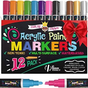 CHALKY CROWN Acrylic Paint Markers - Acrylic Paint Pens for Rock Painting, Stone, Ceramic, Glass, Wood, Canvas - Reversible Tip Paint Pens- 6mm (12 Pack)