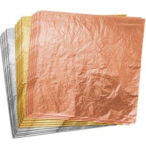 paxcoo 300 gold leaf sheets for resin, gold foil flakes metallic leaf for resin jewelry making, nail art, slime, and gilding crafts (gold, silver, rose gold color 5.5 by 5.5 inches)