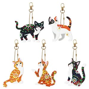 5pcs 5d diy diamond painting keychains kit, double sided full drill rhinestone pasted painting key chains pendant for kids adults beginners backpack handbag ornaments decoration (cat)