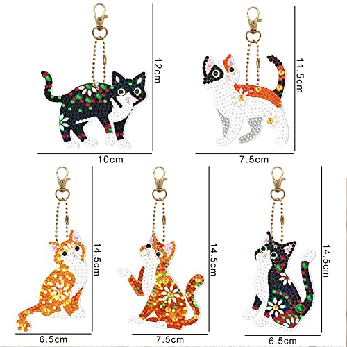 5pcs 5D DIY Diamond Painting Keychains Kit, Double Sided Full Drill Rhinestone Pasted Painting Key Chains Pendant for Kids Adults Beginners Backpack Handbag Ornaments Decoration (Cat)