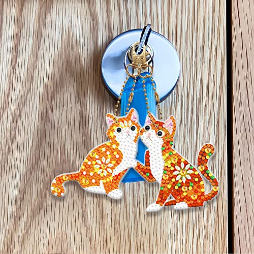 5pcs 5D DIY Diamond Painting Keychains Kit, Double Sided Full Drill Rhinestone Pasted Painting Key Chains Pendant for Kids Adults Beginners Backpack Handbag Ornaments Decoration (Cat)