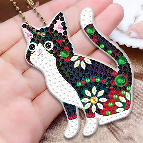 5pcs 5D DIY Diamond Painting Keychains Kit, Double Sided Full Drill Rhinestone Pasted Painting Key Chains Pendant for Kids Adults Beginners Backpack Handbag Ornaments Decoration (Cat)