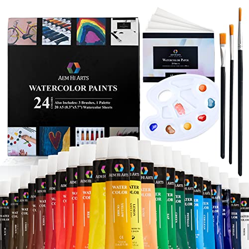 AEM Watercolor Paint Set – Includes 24 Colors (12mL Each), Brushes & Paper – Paint on Paper, Wood, Fabric, Ceramics & More – Great Starter Kit for Kids & Adults, Also Suitable for Professional Artists