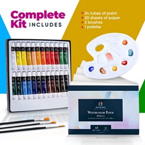 AEM Watercolor Paint Set – Includes 24 Colors (12mL Each), Brushes & Paper – Paint on Paper, Wood, Fabric, Ceramics & More – Great Starter Kit for Kids & Adults, Also Suitable for Professional Artists