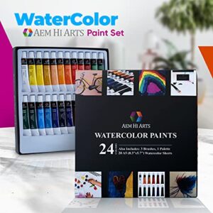 AEM Watercolor Paint Set – Includes 24 Colors (12mL Each), Brushes & Paper – Paint on Paper, Wood, Fabric, Ceramics & More – Great Starter Kit for Kids & Adults, Also Suitable for Professional Artists