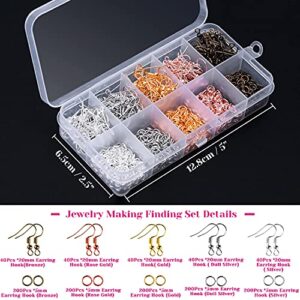 Earring Hooks, Audab 1400pcs Earring Making Kit with 200pcs Ear Ring Hooks, 1000pcs Jump Rings, 200pcs Earring Backs and Jewelry Pliers for Jewelry Making Supplies Earring Findings