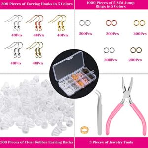 Earring Hooks, Audab 1400pcs Earring Making Kit with 200pcs Ear Ring Hooks, 1000pcs Jump Rings, 200pcs Earring Backs and Jewelry Pliers for Jewelry Making Supplies Earring Findings