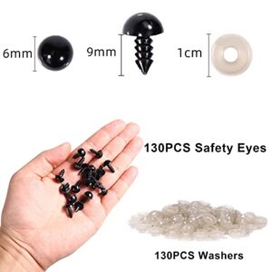 Vanblue Safety Eyes 130PCS 6mm Plastic Black Craft Eyes Teddy Bear Eyes with Washers for Amigurumi Stuffed Animals Crochet Toys Crafts Making