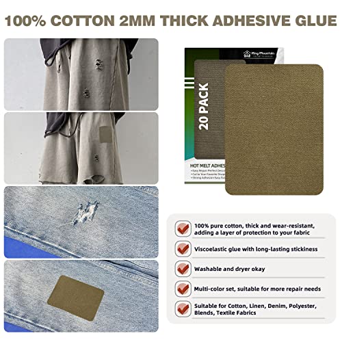 KING MOUNTAIN 20 PCS Cotton Fabric Clothes Pants Iron-on Patches,Super Glue,Inside＆Outside Repair Decoration DIY Cotton Clothes Patches Kit, 3" x 4-1/4" (7.5 cm x 10.5 cm)